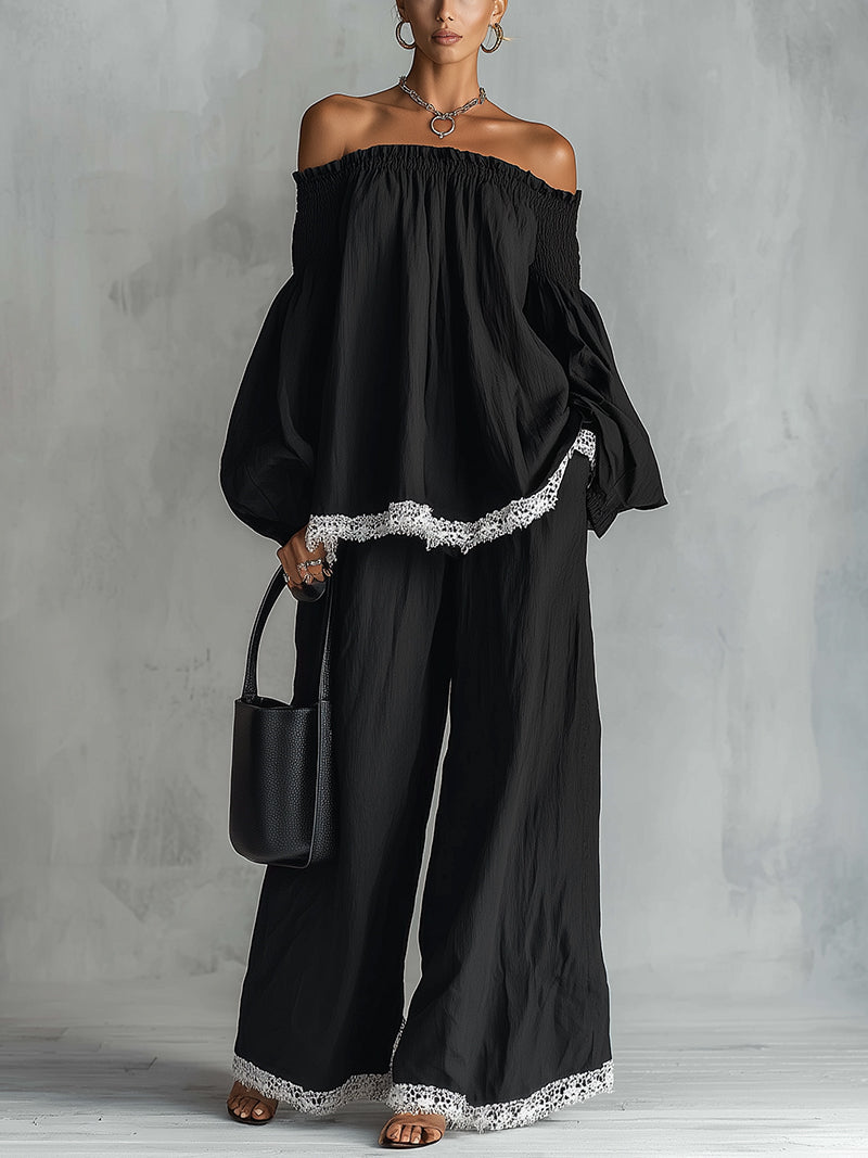 Black Linen Off-Shoulder Two-Piece Set With White Lace Trim
