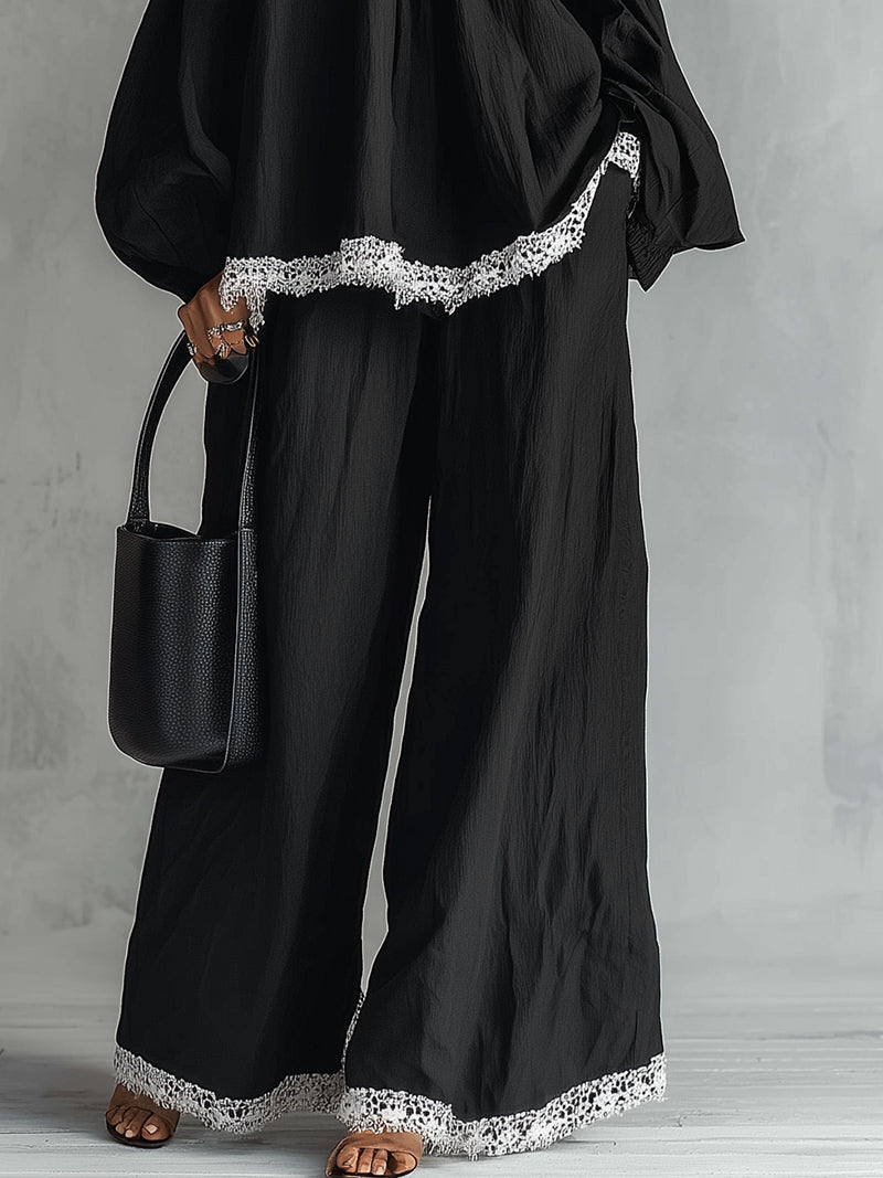 Black Linen Off-Shoulder Two-Piece Set With White Lace Trim