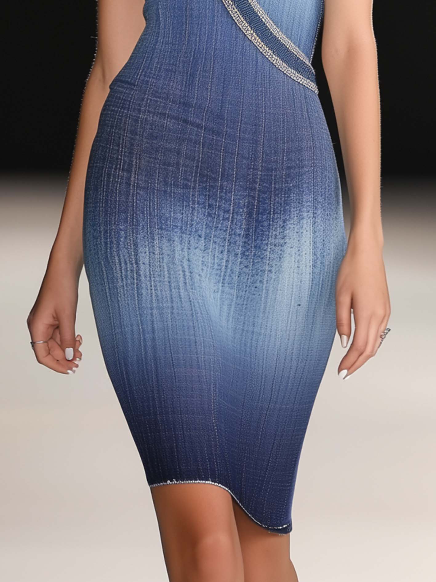 Stylish Blue Gradient Texture Midi Bodycon Dress With Spliced ribbon