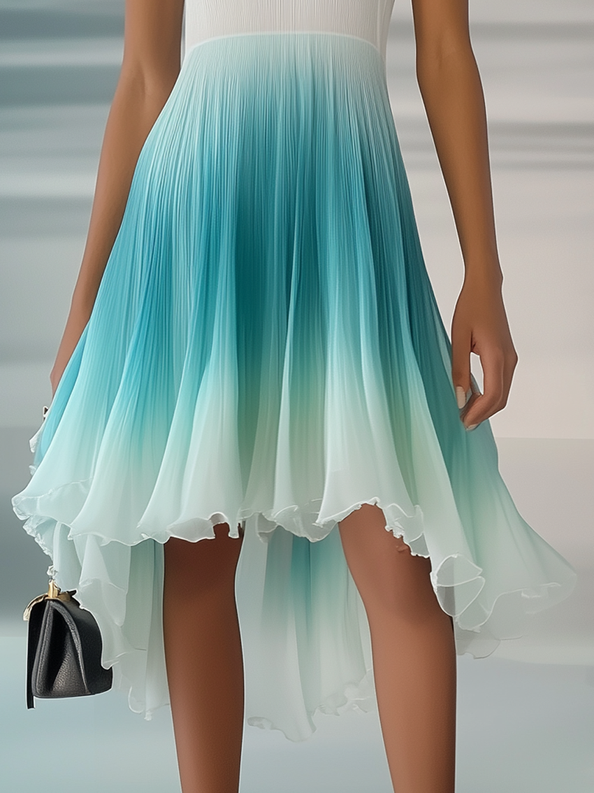Sleeveless Chiffon Midi Dress With Gradient Cyan Print