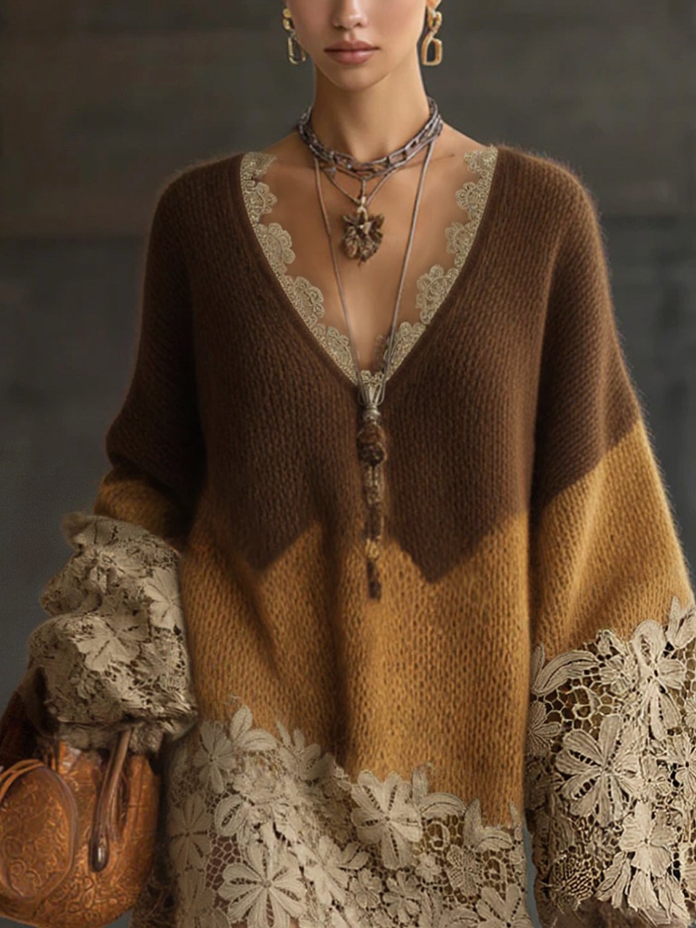 24-Hour-Shipping Brown Ombre Knit Lace Oversized Long Sleeve Mini Dres