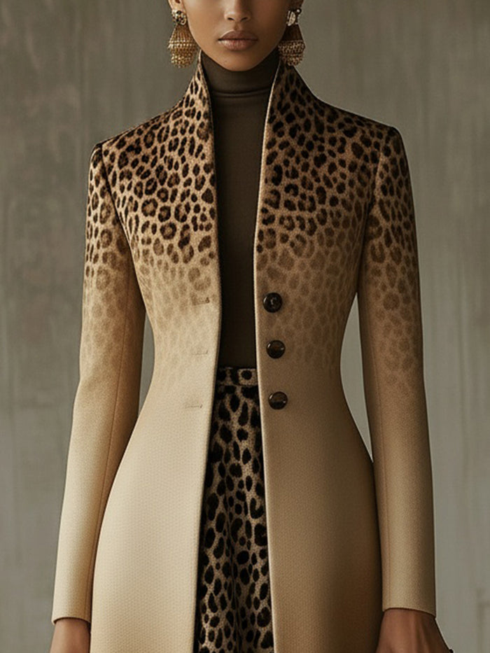 24-Hour-Shipping Khaki Ombre Leopard Print Long Coat With Gradient Det