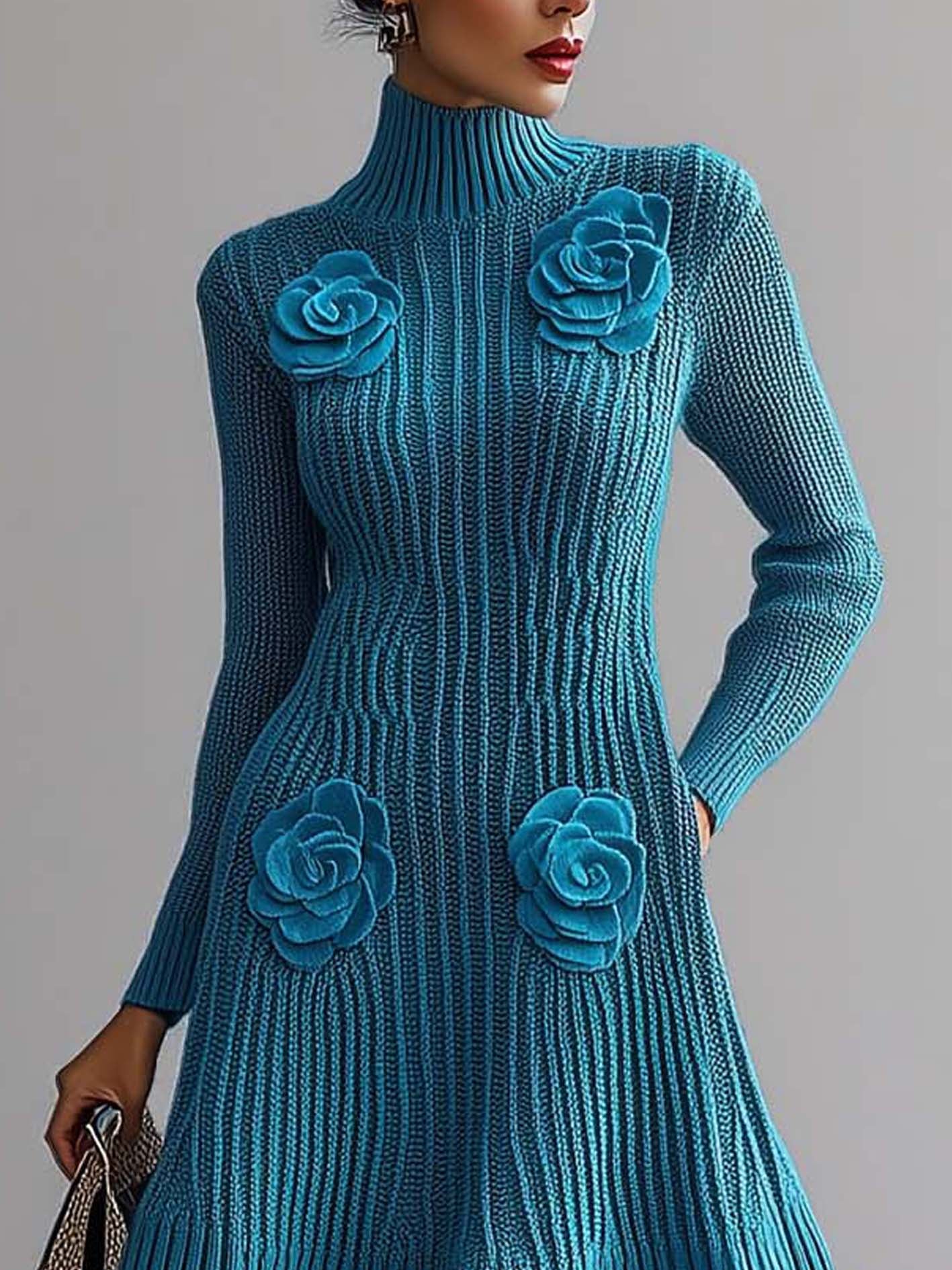 Cyan Knitted Midi Dress With 3D Flowers
