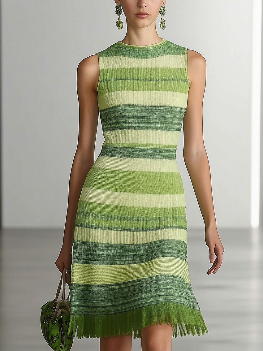 Light Green Sleeveless Midi Dress With Green Stripe Pattern