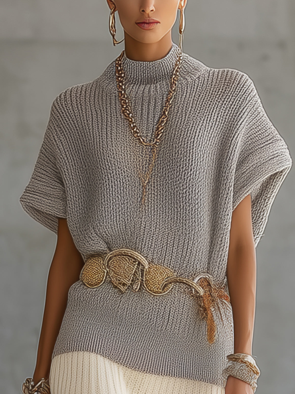 Two‑Tone Mock Neck Short Sleeve Knit Mini Dress