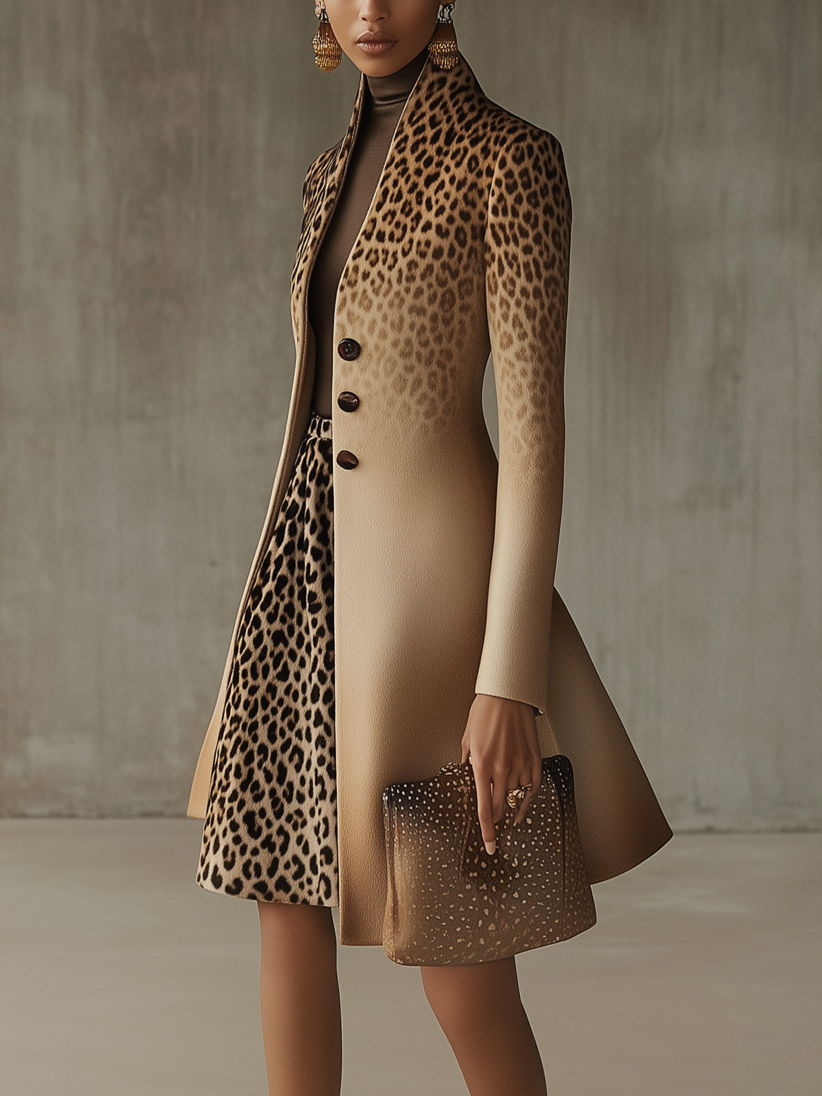 24-Hour-Shipping Khaki Ombre Leopard Print Long Coat With Gradient Det