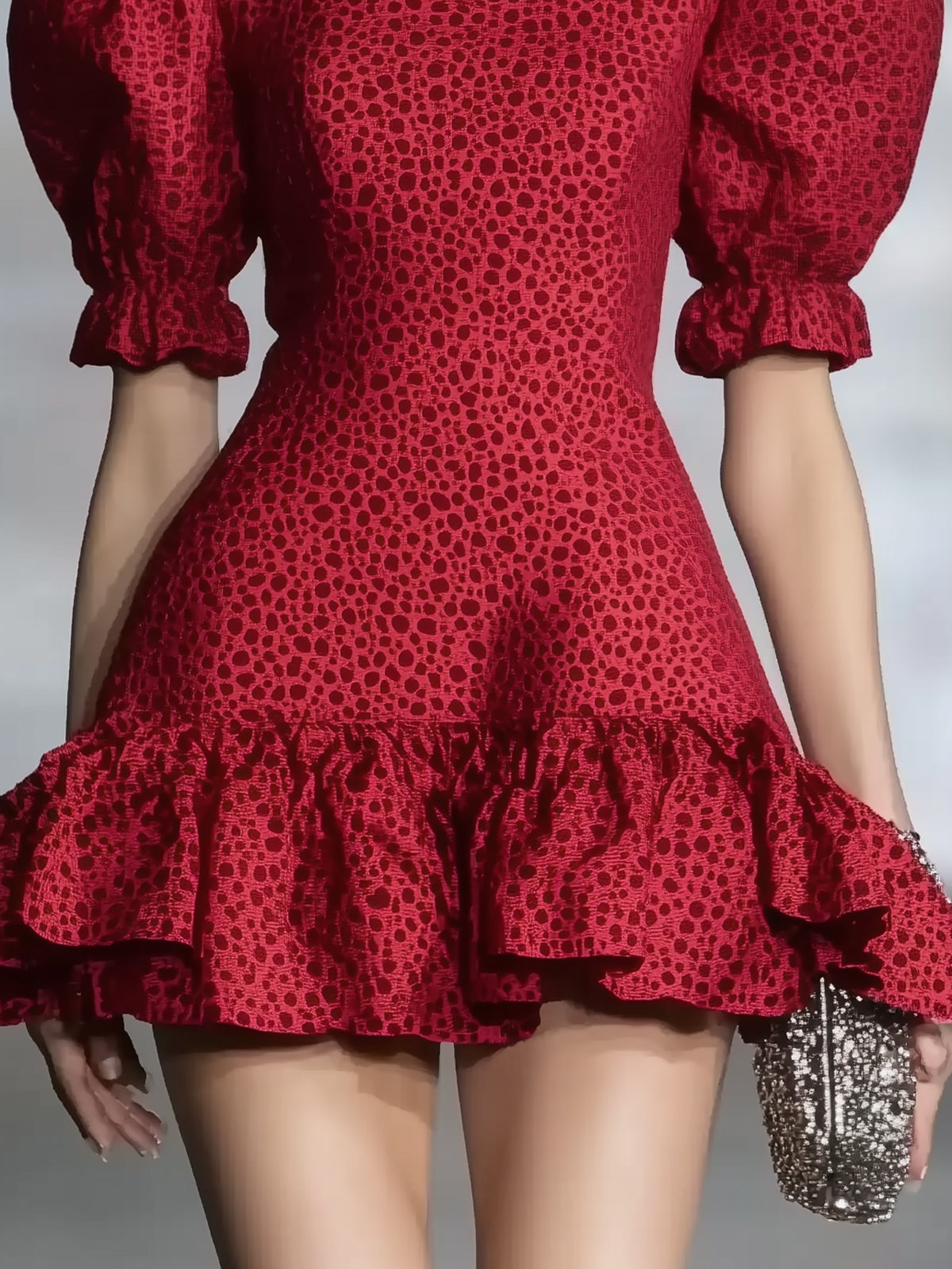 Red Jacquard Polka Dot Puff Sleeve Crew Neck Mini Dress With Ruffle He
