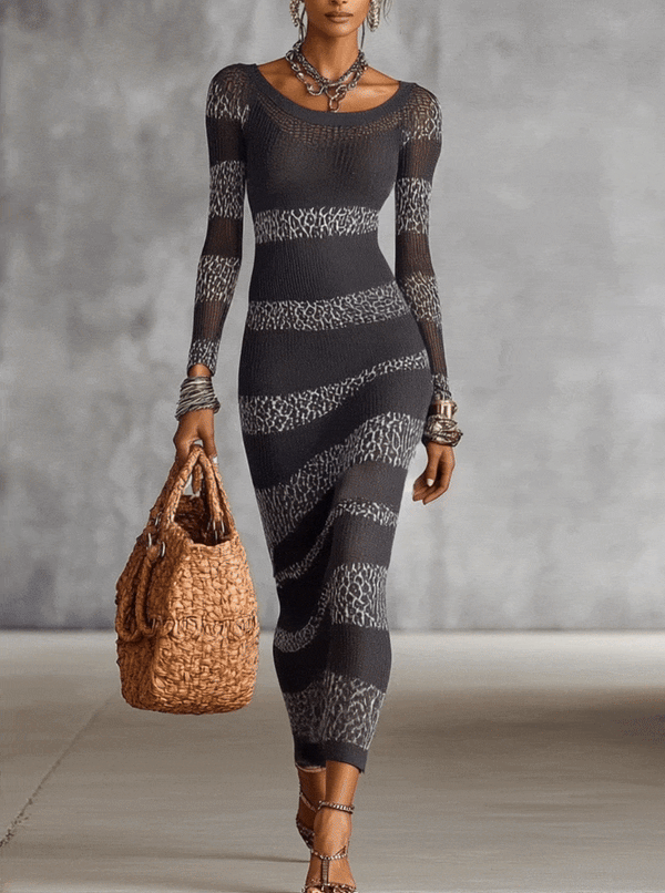 24-Hour-Shipping Gray And White Knit Bodycon Dress With Leopard Stripe