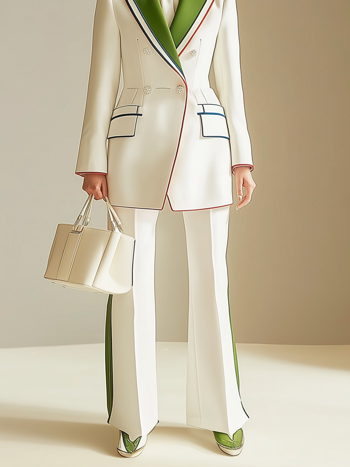 Exquisite White And Green Color Block Pants