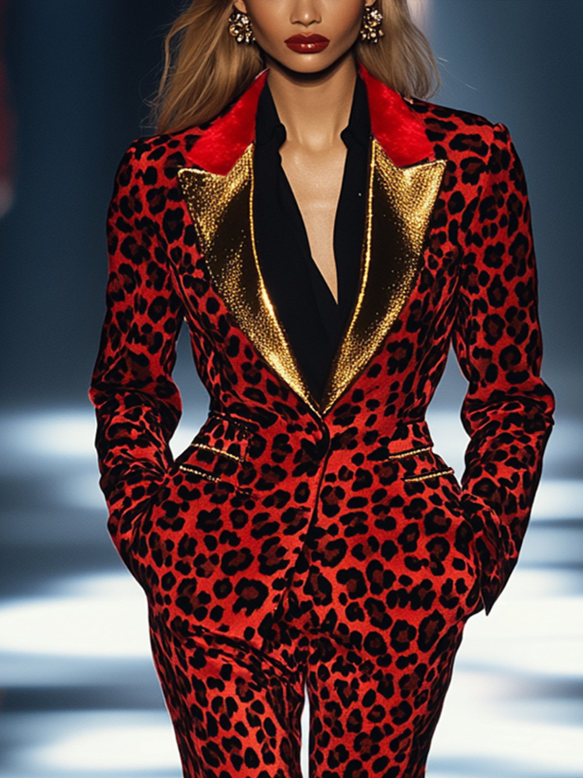 Elegant Red Velvet Leopard Print Suit With Gold Collar