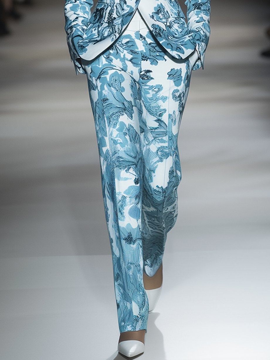 Cyan Pants With White Flower Print