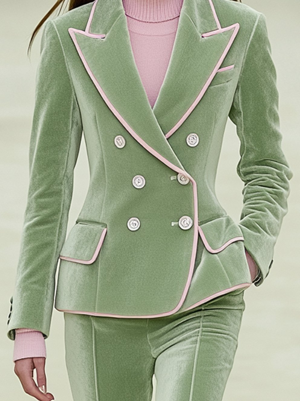 Light Green Velvet Blazer With Pink Trim Double-breasted