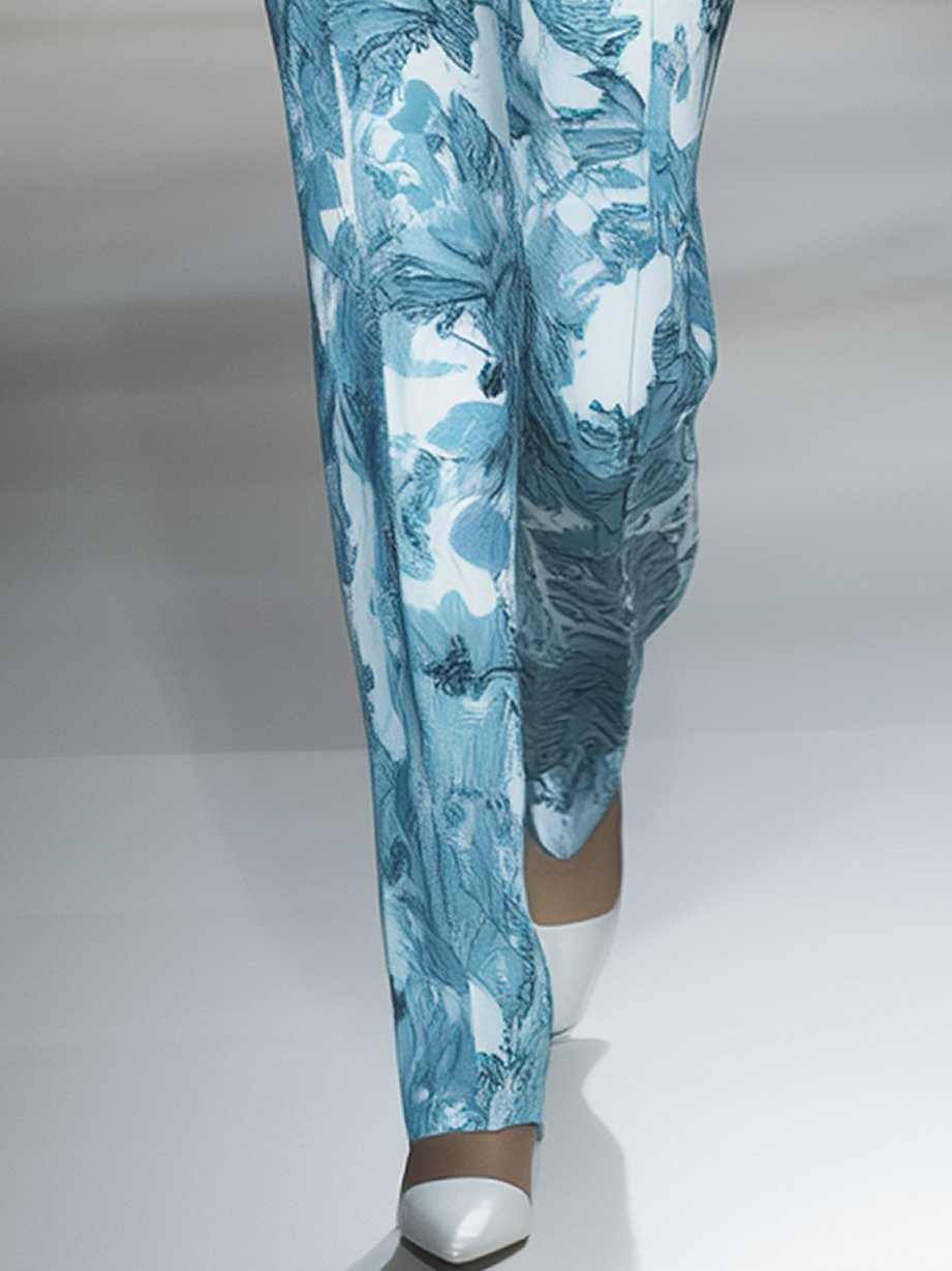 Cyan Pants With White Flower Print